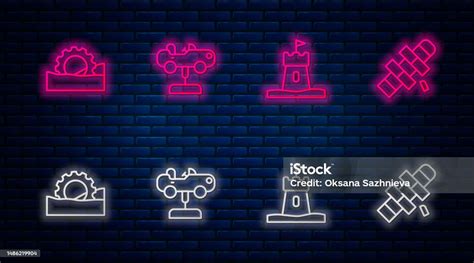 세트 라인 스윙 카 샌드 타워 관람차 및 홉 스카치 벽돌 벽에 빛나는 네온 아이콘 벡터 거리에 대한 스톡 벡터 아트 및 기타 이미지 Istock