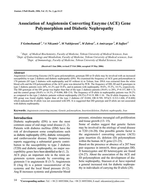 Pdf Association Of Angiotensin Converting Enzyme Ace Gene Polymorphism And Diabetic Nephropathy
