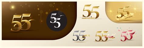 55 주년 기념 로고 타입의 모던 골드 넘버와 반짝이는 리본 대체 로고 번호 황금 기념일 축하 로고에 대한 스톡 벡터 아트 및
