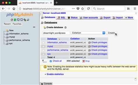 phpmyadmin create database