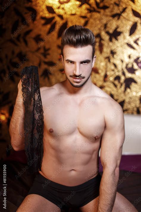 Sexy Naked Macho Man Holding Lace Eye Cover Stock Photo Adobe Stock