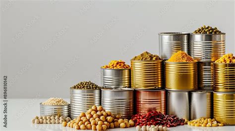 Array Of Tin Cans With Various Food Items Displayed On A Light