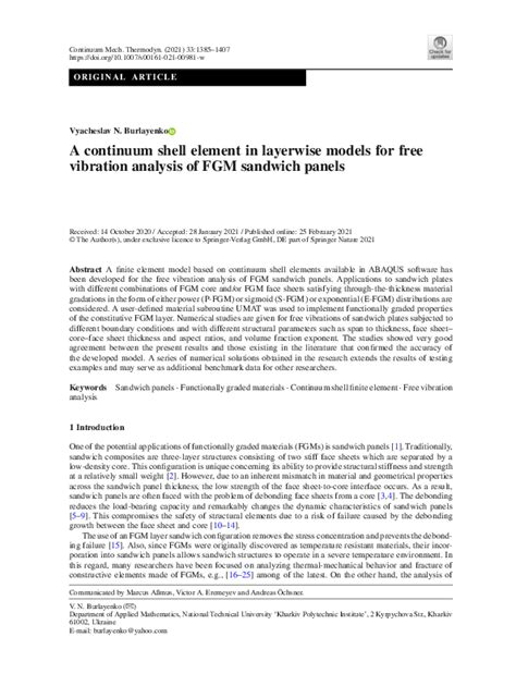 Pdf A Continuum Shell Element In Layerwise Models For Free Vibration Analysis Of Fgm Sandwich