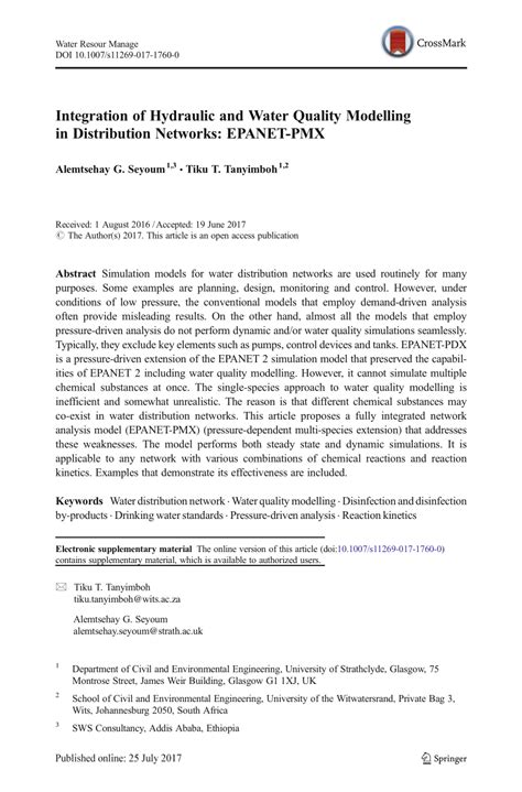 Pdf Integration Of Hydraulic And Water Quality Modelling In Distribution Networks Epanet Pmx