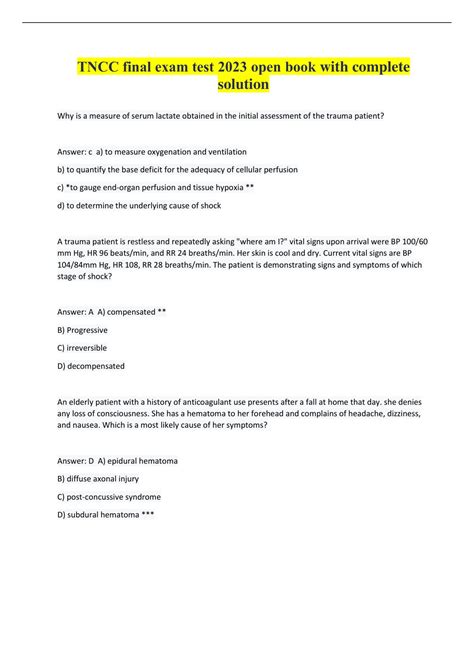 TNCC Final Exam Test 2023 Open Book With Complete Solution TNCC