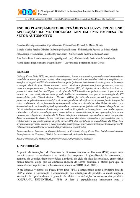Pdf Uso Do Planejamento De Cen Rios No Fuzzy Front End Aplica O Da