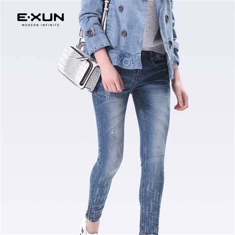 Exun欧美女装2016秋季专柜新款蓝色抓纹小脚牛仔裤修身显瘦铅笔裤白天也懂夜的黑jl