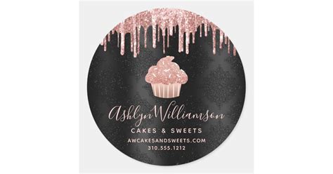 Rose Gold Cupcake Glitter Drips Bakery Black Chef Classic Round Sticker