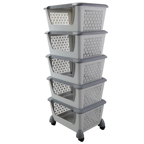 Farmoon 5 Pack Plastic Stackable Storage Baskets Grey Plastic Stacking