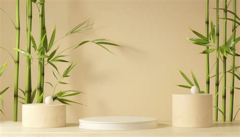 Premium Photo Green Bamboo Stems And Plaster Podiums On Beige Background