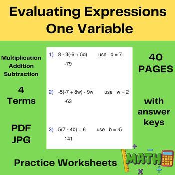 Evaluating Algebraic Expressions Worksheet - one variable - Pre-Algebra