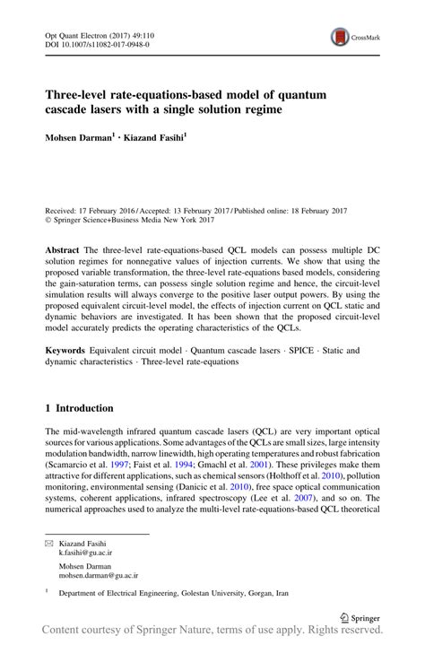 Three Level Rate Equations Based Model Of Quantum Cascade Lasers With A