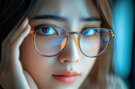 Asian Woman Fatigued Seeking Relief With Glasses For Eye Strain