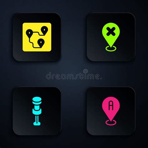 Set Location Route Location Push Pin And With Cross Mark Black Square Button Stock