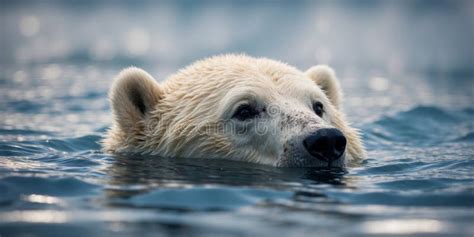 Adorable Polar Bear Cub Swimming In Blue Water Stock Image Image Of