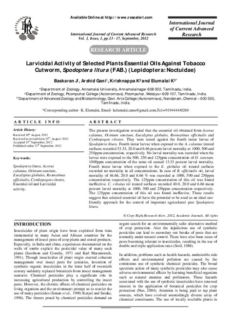 Pdf Larvicidal Activity Of Selected Plants Essential Oils Against