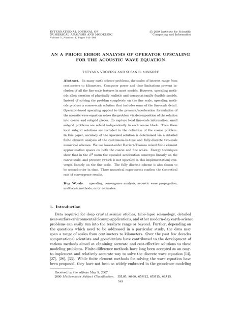 Global Science Press An A Priori Error Analysis Of Operator Upscaling For The Acoustic Wave