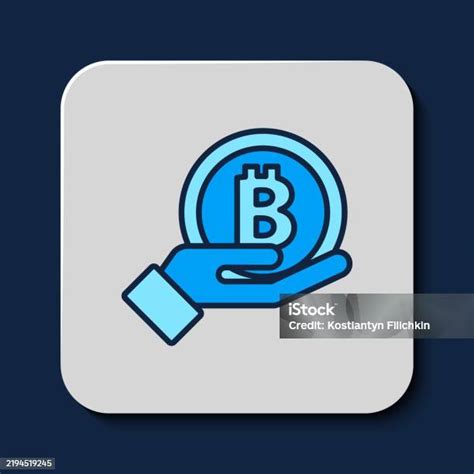 채워진 윤곽선 손 들고 있는 비트코인 아이콘 절연 통하고 있는 통하고 있는 파란색 배경 블록체인 기술 디지털 화폐 시장 암호화폐 지갑 벡터 가득 찬에 대한 스톡 벡터 아트