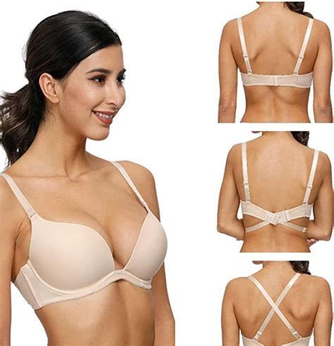 Hwdi Womens Plunge Deep V Push Up Low Back Convertible Bra With Clear