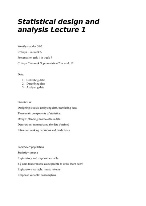 Lec 1 Notes Statistical Design And Analysis Lecture 1 Weekly Stat Due