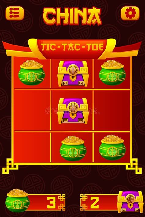 Tic Tac Toe Ui In Chinese Themed Chinese Icons Treasure Chest And Pot Of Coins Stock Vector