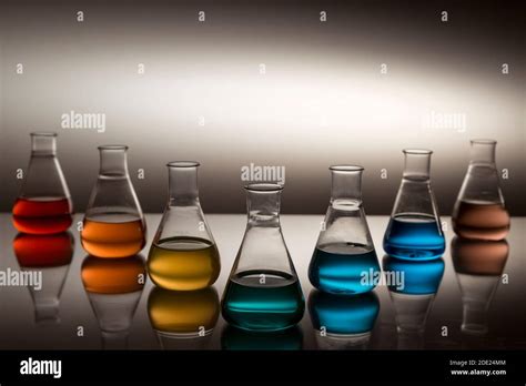 Scientific Laboratory Glass Erlenmeyer Flask Filled With Colorful