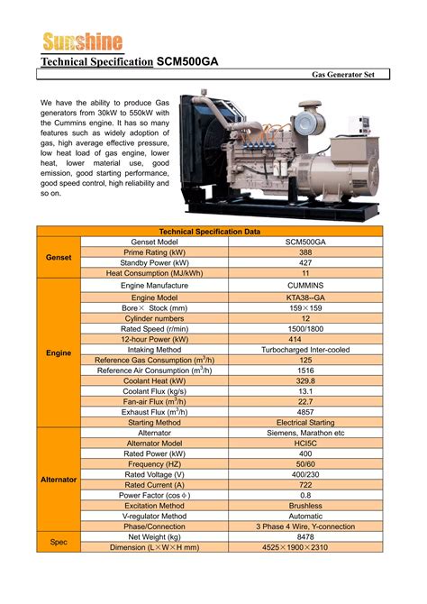 500kva Cummins Gas Generator Specification Sheet Pdf
