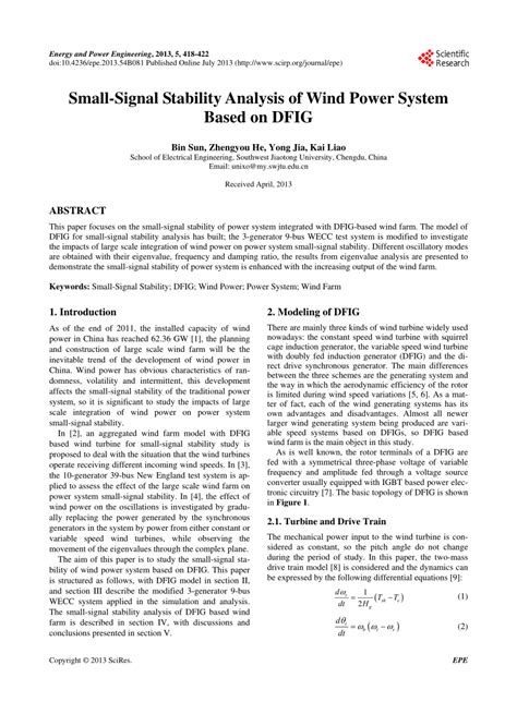 PDF Small Signal Stability Analysis Of Wind Power System Based On DFIG