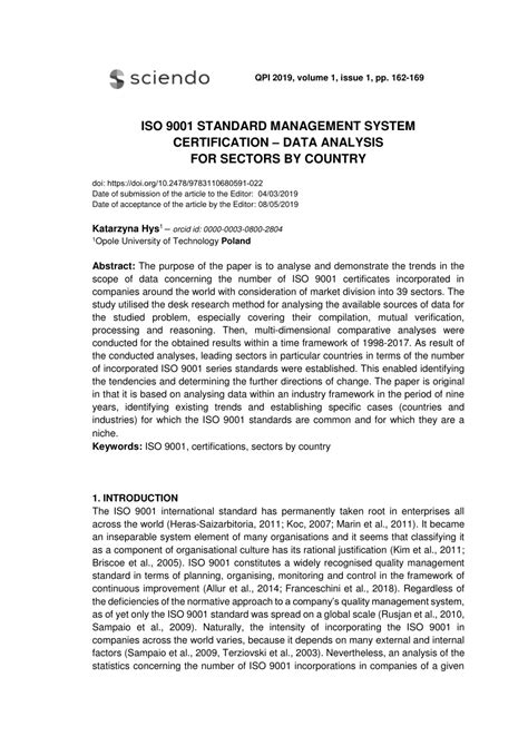Pdf Iso 9001 Standard Management System Certification Data Analysis For Sectors By Country