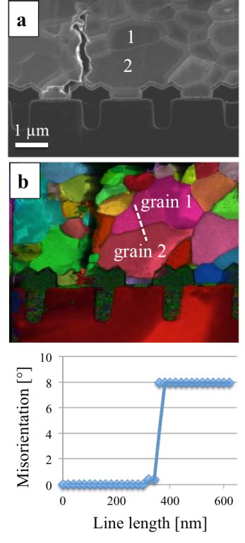 A Fib Imaging And B Acom Orientation Mapping Of The Source Metal Of Download Scientific