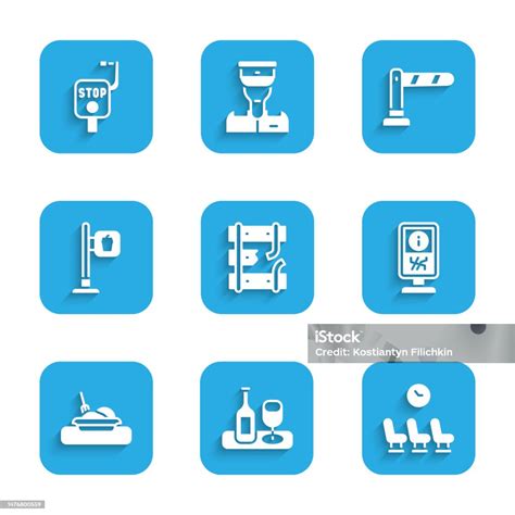 철도의 깨진 레일 유리가 든 와인 병 대기실 정보 스탠드 플레이트 푸드 카페 레스토랑 위치 철도 장벽 및 비상 브레이크 아이콘을 설정합니다 벡터 0명에 대한 스톡 벡터 아트