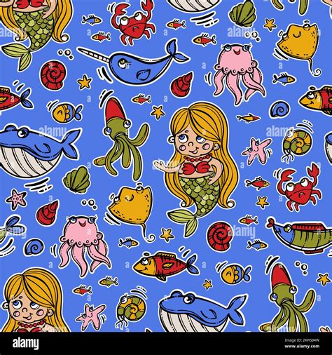 Underwater Friends Mermaid Whale Jellyfish Squid Skat Crab Swordfish