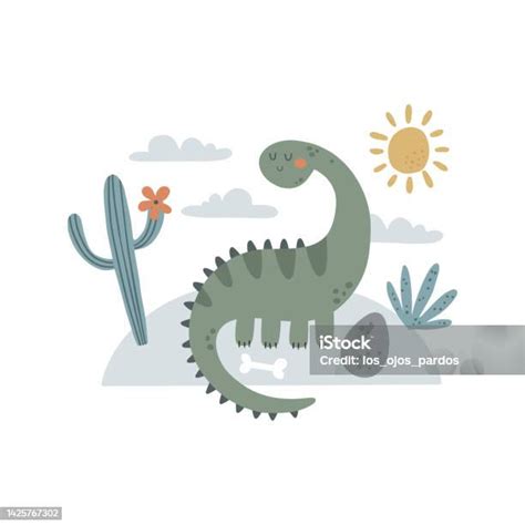 Konsep Vektor Lucu Dengan Dino Dan Daun Ilustrasi Stok Unduh Gambar