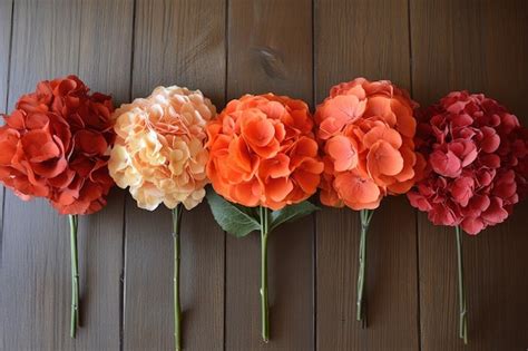 Five Hydrangeas In Varying Shades Of Orange And Red On A Wooden