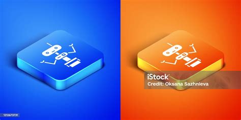 파란색과 주황색 배경에 격리된 등각 투영 로봇 아이콘입니다 정사각형 버튼 벡터 일러스트레이션 개념에 대한 스톡 벡터 아트 및