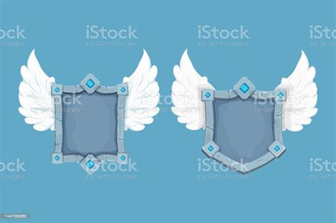 돌 방패 보석과 날개가 있는 프레임은 배경에 격리된 만화 스타일의 게임 보상 보드입니다 매직 로얄 자산 템플릿입니다 벡터 그림 마술사에 대한 스톡 벡터 아트 및 기타 이미지