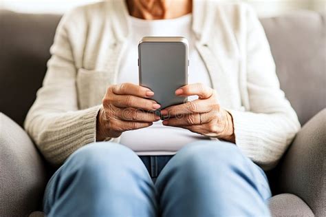 Relaxed Mature Old S Woman Older Middle Aged Female Customer Holding Smartphone Using Mobile