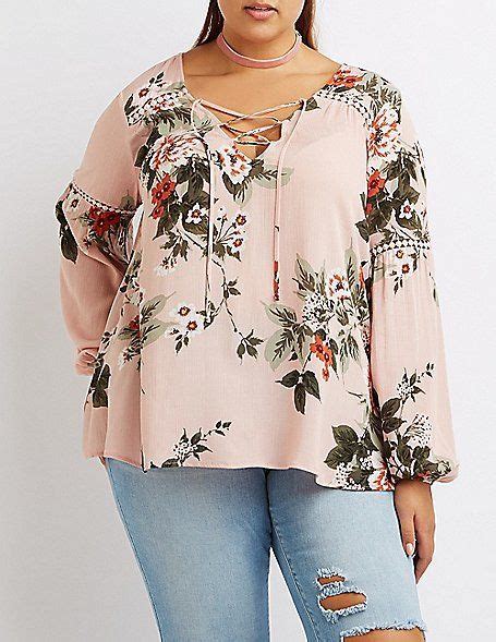 Charlotte Russe Plus Size Floral Lace Up Blouse Curvy Size Fashion