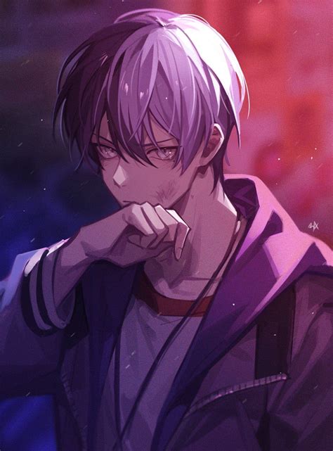 Cute Anime Guy With Purple Hair And Glasses