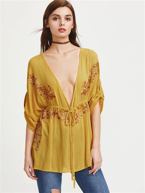 Plunging V Neckline Embroidered Tie Front Top Sheinsheinside