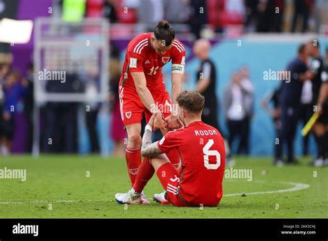 Al Rayyan Qatar 25th Nov 2022 L To R Gareth Bale Joe Rodon Wal