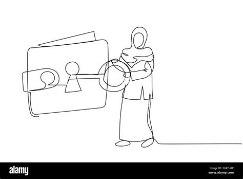 Single Continuous Line Drawing Arabian Businesswoman Put Key Into