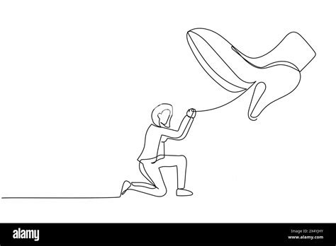 Single Continuous Line Drawing Businesswoman Kneel Down Under Giant