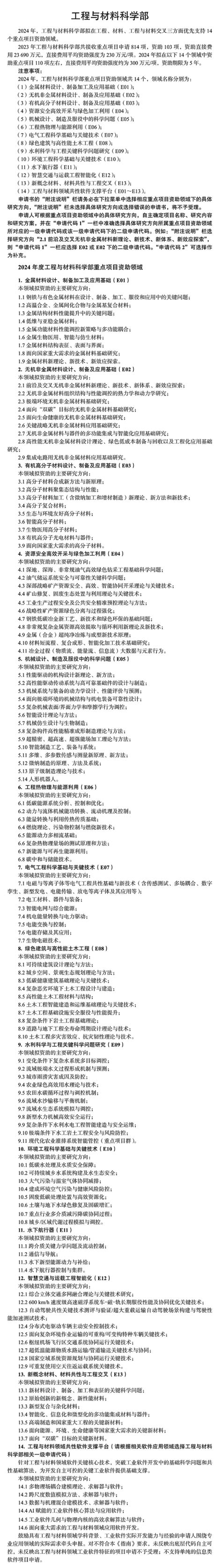 重磅！国家自然科学基金委2024年各学部重点项目优先资助领域公布