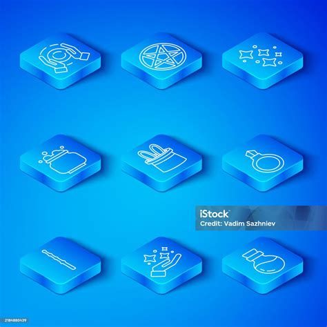 세트 라인 마술 지팡이 마술사 모자 토끼 귀 마술 트릭이 있는 스파클 스타 돌 반지 보석 마녀 가마솥 공 손 및 병 물약 아이콘 벡터 3차원 형태에 대한 스톡 벡터 아트 및