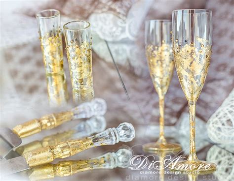 Personalized Gold Wedding Set Crystals Toasting Flutes Set