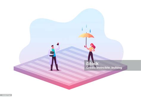 새로운 기술 함침 방수 직물 개념 작은 남성과 여성 캐릭터는 우산과 떨어지는 비 방울거대한 방수 코팅에 서있다 만화 사람들 벡터 일러스트레이션 개념에 대한 스톡 벡터 아트