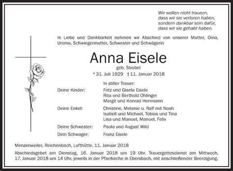 Traueranzeigen Von Anna Eisele Schwaebische De Trauerportal