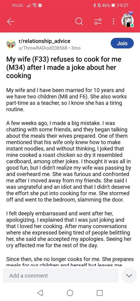Not Oop My Wife F33 Refuses To Cook For Me M34 After I Made A Joke