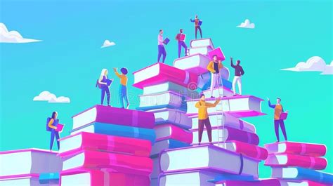 A Series Of People Stand On Book Piles And Help Each Other Climb Up